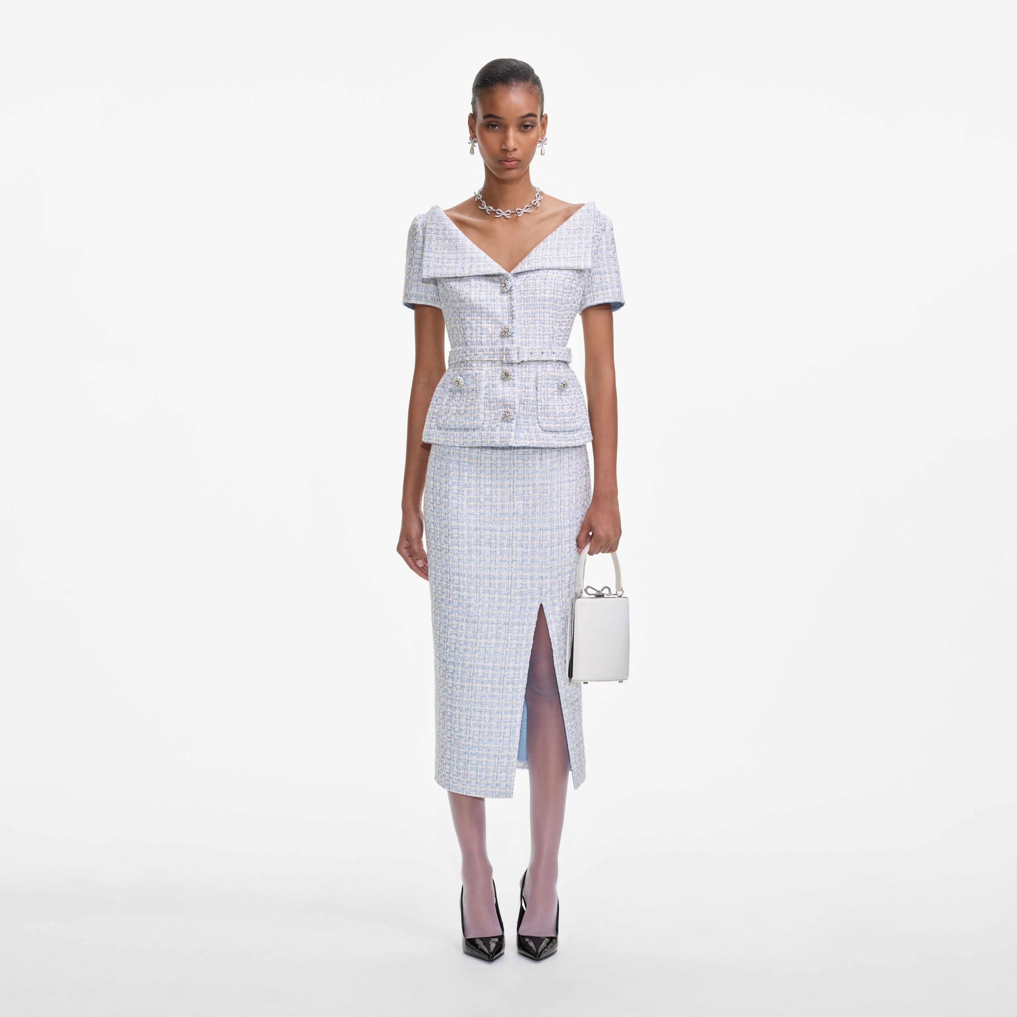 블루 부클 미디 드레스 SS25148MABL | SELF PORTRAIT | 페칭 FETCHING